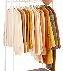 Tajsoon Clothes Rack, Freestanding Clothing Rack with Coat Hook, Metal Garment Rack with 2 Storage Display Shelf, Rustic Brown Wood, White