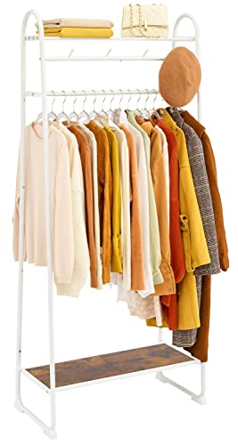 Tajsoon Clothes Rack, Freestanding Clothing Rack with Coat Hook, Metal Garment Rack with 2 Storage Display Shelf, Rustic Brown Wood, White