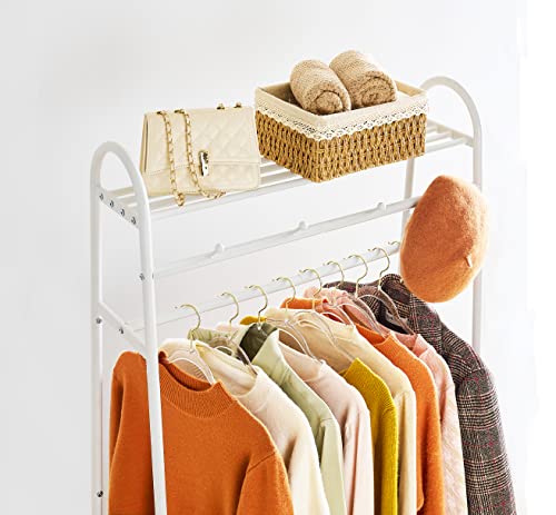 Tajsoon Clothes Rack, Freestanding Clothing Rack with Coat Hook, Metal Garment Rack with 2 Storage Display Shelf, Rustic Brown Wood, White