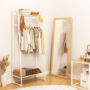 Tajsoon Clothes Rack, Freestanding Clothing Rack with Coat Hook, Metal Garment Rack with 2 Storage Display Shelf, Rustic Brown Wood, White