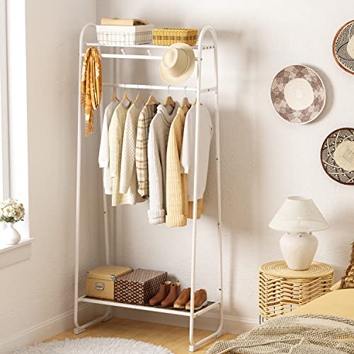 Tajsoon Clothes Rack, Freestanding Clothing Rack with Coat Hook, Metal Garment Rack with 2 Storage Display Shelf, Rustic Brown Wood, White