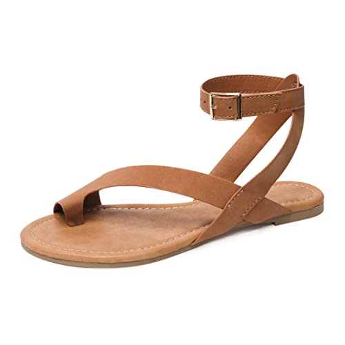 Vayfio Women's Ankle Strap Flat Sandals Casual Thong with Metal Buckle Cute Summer Shoes, Brown, US Women 11