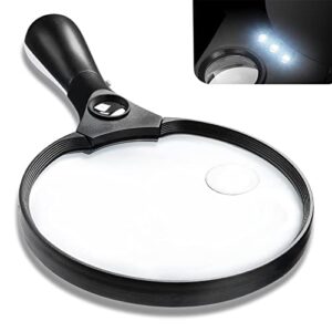 magnifying glass with light, 5.5 inch large magnifier 2x 4x 25x zoom magnifying glass lens with 3 bright led illuminated lighted handheld magnifier for seniors reading, stamps, map