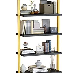 AWQM 5 Tiers Bookshelf, Modern Bookcase Wood Wall Mounted Bookshelf,Industrial Ladder Shelf with Stable Metal Frame,Open Display Rack Storage Shelves for Living Room/Home/Office,Gold +Black