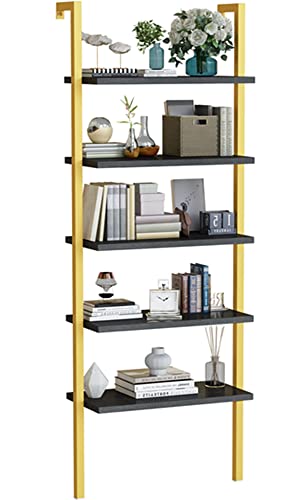 AWQM 5 Tiers Bookshelf, Modern Bookcase Wood Wall Mounted Bookshelf,Industrial Ladder Shelf with Stable Metal Frame,Open Display Rack Storage Shelves for Living Room/Home/Office,Gold +Black