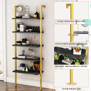 AWQM 5 Tiers Bookshelf, Modern Bookcase Wood Wall Mounted Bookshelf,Industrial Ladder Shelf with Stable Metal Frame,Open Display Rack Storage Shelves for Living Room/Home/Office,Gold +Black