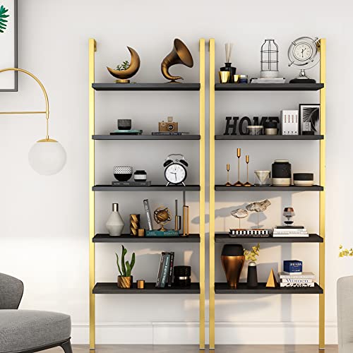 AWQM 5 Tiers Bookshelf, Modern Bookcase Wood Wall Mounted Bookshelf,Industrial Ladder Shelf with Stable Metal Frame,Open Display Rack Storage Shelves for Living Room/Home/Office,Gold +Black