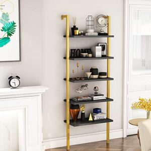 AWQM 5 Tiers Bookshelf, Modern Bookcase Wood Wall Mounted Bookshelf,Industrial Ladder Shelf with Stable Metal Frame,Open Display Rack Storage Shelves for Living Room/Home/Office,Gold +Black