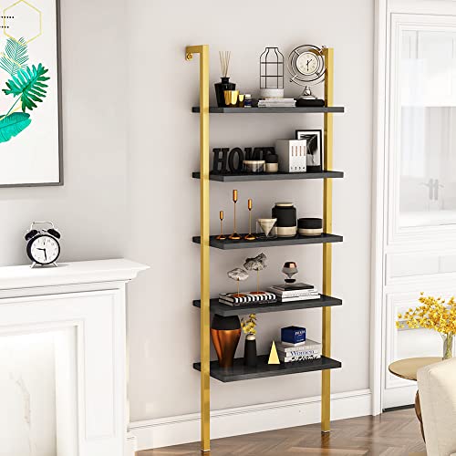 AWQM 5 Tiers Bookshelf, Modern Bookcase Wood Wall Mounted Bookshelf,Industrial Ladder Shelf with Stable Metal Frame,Open Display Rack Storage Shelves for Living Room/Home/Office,Gold +Black