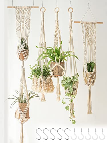 WXS-CHALL 5 Pack Macrame Plant Hangers Hanging Planter, Cotton Rope Hanging Plant Holders Decorative Flower Pots Indoor Outdoor Boho Home Decor (5 Size and 10 Hooks)