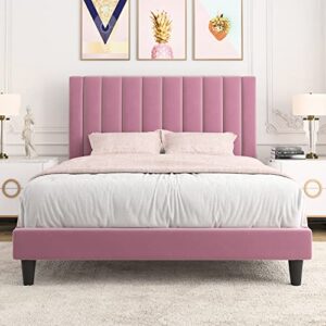 allewie full bed frame/velvet upholstered bed frame with vertical channel tufted headboard/strong wooden slats/platform bed frame/mattress foundation/box spring optional/easy assembly/pink…