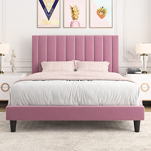 Allewie Full Bed Frame/Velvet Upholstered Bed Frame with Vertical Channel Tufted Headboard/Strong Wooden Slats/Platform Bed Frame/Mattress Foundation/Box Spring Optional/Easy Assembly/Pink…