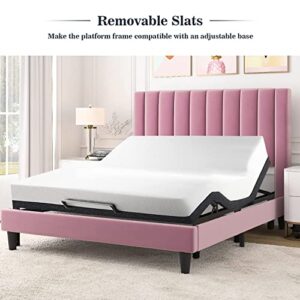 Allewie Full Bed Frame/Velvet Upholstered Bed Frame with Vertical Channel Tufted Headboard/Strong Wooden Slats/Platform Bed Frame/Mattress Foundation/Box Spring Optional/Easy Assembly/Pink…