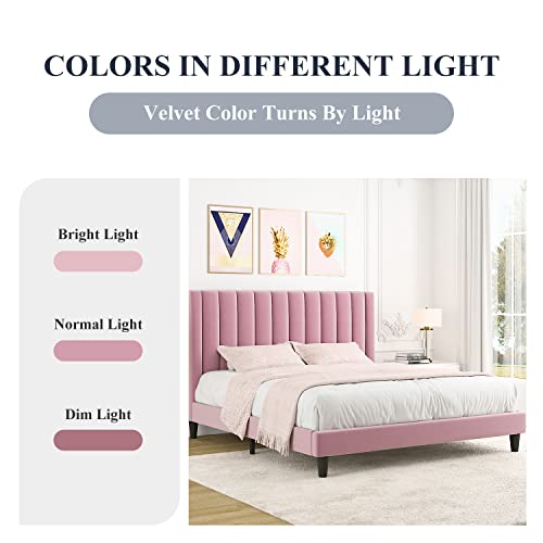 Allewie Full Bed Frame/Velvet Upholstered Bed Frame with Vertical Channel Tufted Headboard/Strong Wooden Slats/Platform Bed Frame/Mattress Foundation/Box Spring Optional/Easy Assembly/Pink…