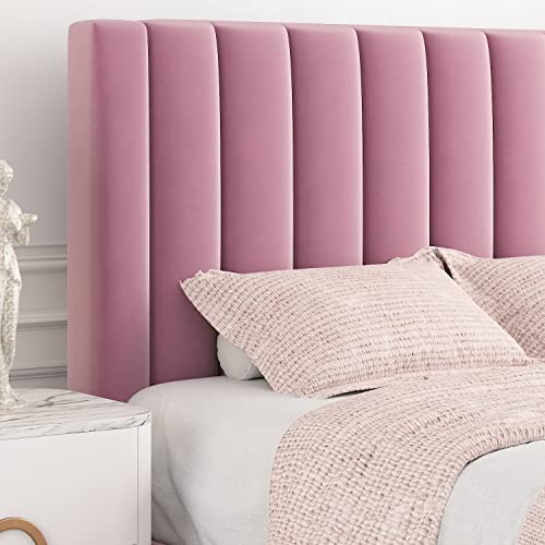 Allewie Full Bed Frame/Velvet Upholstered Bed Frame with Vertical Channel Tufted Headboard/Strong Wooden Slats/Platform Bed Frame/Mattress Foundation/Box Spring Optional/Easy Assembly/Pink…