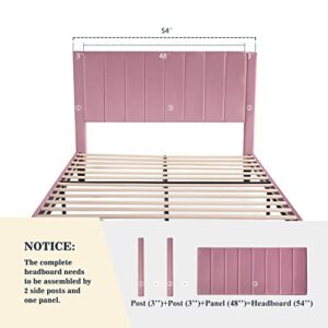 Allewie Full Bed Frame/Velvet Upholstered Bed Frame with Vertical Channel Tufted Headboard/Strong Wooden Slats/Platform Bed Frame/Mattress Foundation/Box Spring Optional/Easy Assembly/Pink…