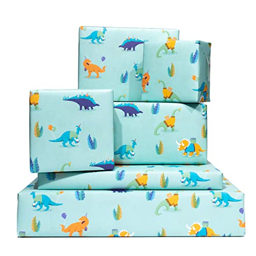 CENTRAL 23 - Wrapping Paper for Boys - Dino Cakes - 6 Sheets of Cute Birthday Gift Wrap for Kids - Dinosaur T-rex Rhino - Blue Green Yello - For Kids - Made in the UK