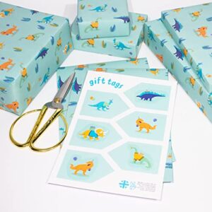 CENTRAL 23 - Wrapping Paper for Boys - Dino Cakes - 6 Sheets of Cute Birthday Gift Wrap for Kids - Dinosaur T-rex Rhino - Blue Green Yello - For Kids - Made in the UK