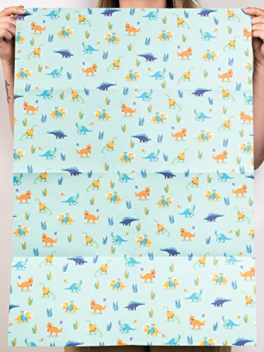 CENTRAL 23 - Wrapping Paper for Boys - Dino Cakes - 6 Sheets of Cute Birthday Gift Wrap for Kids - Dinosaur T-rex Rhino - Blue Green Yello - For Kids - Made in the UK