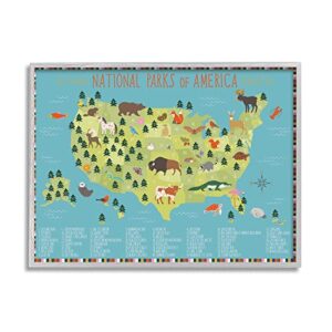 stupell industries children's national parks of america map animal wildlife grey framed wall art, 20 x 16, blue