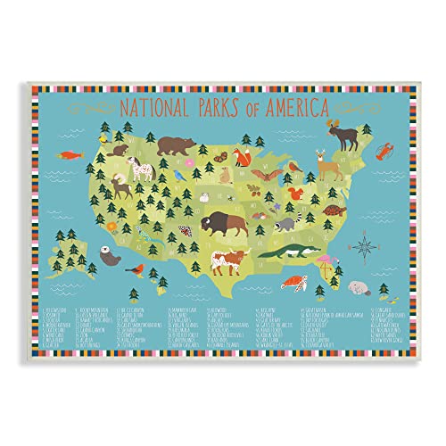 Stupell Industries Children's National Parks of America Map Animal Wildlife Wall Plaque, 19 x 13, Blue