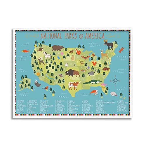 Stupell Industries Children's National Parks of America Map Animal Wildlife White Framed Wall Art, 30 x 24, Blue