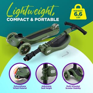 SereneLife 3 Wheeled Scooter for Kids - 2-in-1 Sit/Stand Child Toddlers Toy Kick Scooters w/Flip-Out Seat, Adjustable Height, Wide Deck, Flashing Wheel Lights, Great for Outdoor Fun - SLKS22 (Green)