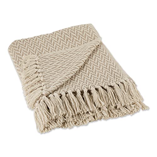 DII Modern Zig Zag Throw Blanket Woven Cotton, Hand-Knotted 2.5" Fringe, 50x60, Stone