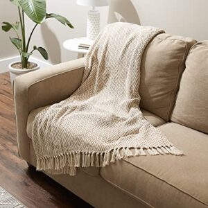 DII Modern Zig Zag Throw Blanket Woven Cotton, Hand-Knotted 2.5" Fringe, 50x60, Stone