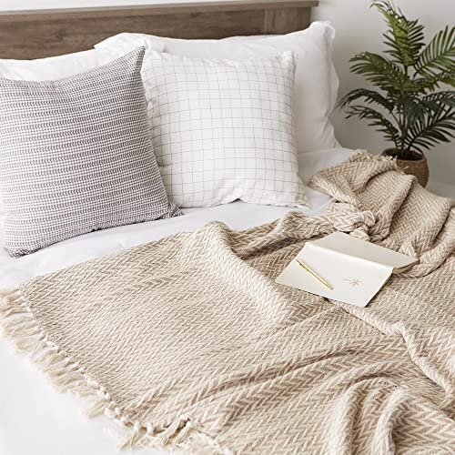 DII Modern Zig Zag Throw Blanket Woven Cotton, Hand-Knotted 2.5" Fringe, 50x60, Stone