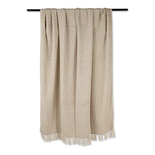 DII Modern Zig Zag Throw Blanket Woven Cotton, Hand-Knotted 2.5" Fringe, 50x60, Stone