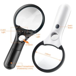 Magnifying Glass with Light,3X & 45X High Magnification,Magnifier Glass with 3 LED & 1 UV Light for Reading,Macular Degeneration,Jewelry,Coins,Inspection