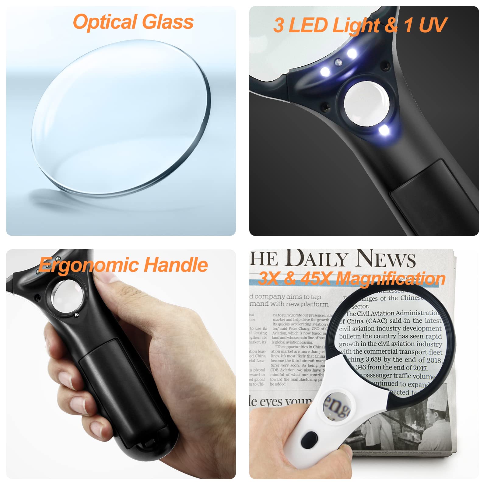 Magnifying Glass with Light,3X & 45X High Magnification,Magnifier Glass with 3 LED & 1 UV Light for Reading,Macular Degeneration,Jewelry,Coins,Inspection