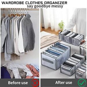 4Pcs Wardrobe Clothes Organizer, 9 Grids Washable Jeans Compartment Storage Box, Upgraded Mesh Separation Box with Handle, Foldable Drawer Organizers Clothes for Jeans, Shirt, Skirt, Legging, Grey