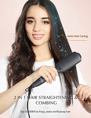 Hair Straightener Brush Heated Straightening Brush: Negative Ion Hot Hair Brush for Smooth Frizz-Free Women Hair - Ceramic Flat Iron Brush - Dual Voltage Anti-Scald Fast Heating