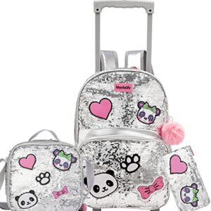 Meetbelify Girls Rolling Backpack Sequin Rolling Backpacks with Wheels for Girls for Elementary Preschool Cute Panda Roller Luggage with Lunch Box for 6-12 Girls