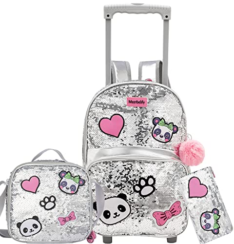 Meetbelify Girls Rolling Backpack Sequin Rolling Backpacks with Wheels for Girls for Elementary Preschool Cute Panda Roller Luggage with Lunch Box for 6-12 Girls