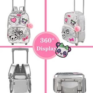 Meetbelify Girls Rolling Backpack Sequin Rolling Backpacks with Wheels for Girls for Elementary Preschool Cute Panda Roller Luggage with Lunch Box for 6-12 Girls