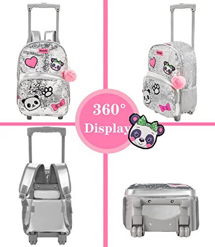 Meetbelify Girls Rolling Backpack Sequin Rolling Backpacks with Wheels for Girls for Elementary Preschool Cute Panda Roller Luggage with Lunch Box for 6-12 Girls