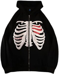 winkeey women's zip up skeleton print hoodie y2k e-girl long sleeve hooded jacket sweatshirt (xl,black)