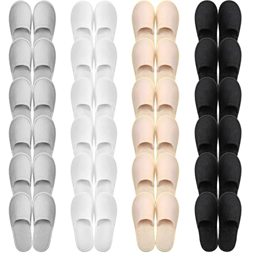 24 Pairs Non Slip Disposable Slippers, Closed Toe for Family Spa Guests Hotels Home Party, Housewarming (White, Light Gray, Black, Khaki)