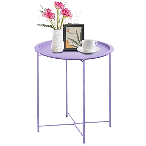 Folding Tray Metal Side Table Purple Green Round End Table Cyan Sofa Small Accent Fold-able Table, Round End Table Tray, Next to Sofa Table, Snack Table for Living Room and Bed Room