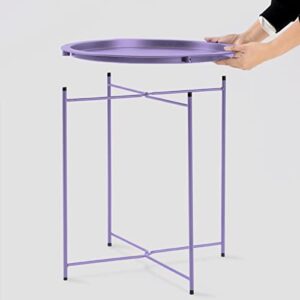 Folding Tray Metal Side Table Purple Green Round End Table Cyan Sofa Small Accent Fold-able Table, Round End Table Tray, Next to Sofa Table, Snack Table for Living Room and Bed Room