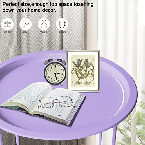 Folding Tray Metal Side Table Purple Green Round End Table Cyan Sofa Small Accent Fold-able Table, Round End Table Tray, Next to Sofa Table, Snack Table for Living Room and Bed Room