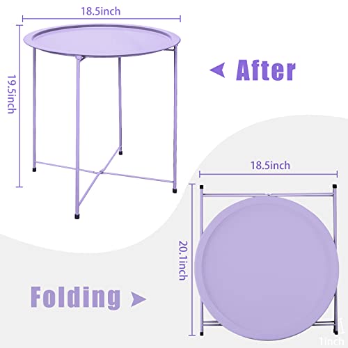 Folding Tray Metal Side Table Purple Green Round End Table Cyan Sofa Small Accent Fold-able Table, Round End Table Tray, Next to Sofa Table, Snack Table for Living Room and Bed Room