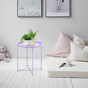 Folding Tray Metal Side Table Purple Green Round End Table Cyan Sofa Small Accent Fold-able Table, Round End Table Tray, Next to Sofa Table, Snack Table for Living Room and Bed Room