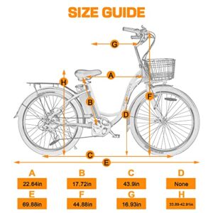 ECOTRIC Electric Bike 26" E Bike 350W Motor Cruiser Electric Bicycles Removable 36V 10AH Lithium Battery Commute Step-Through Ebike Moped for Adults with Basket Shimano 7 Speed Gears