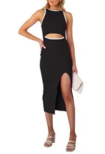 pink queen women's sleeveless bodycon dresses crew neck cutout side slit club knit midi dresses black l