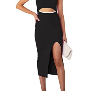 Pink Queen Women's Sleeveless Bodycon Dresses Crew Neck Cutout Side Slit Club Knit Midi Dresses Black L