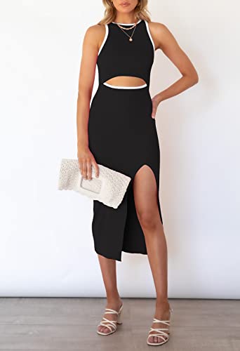 Pink Queen Women's Sleeveless Bodycon Dresses Crew Neck Cutout Side Slit Club Knit Midi Dresses Black L